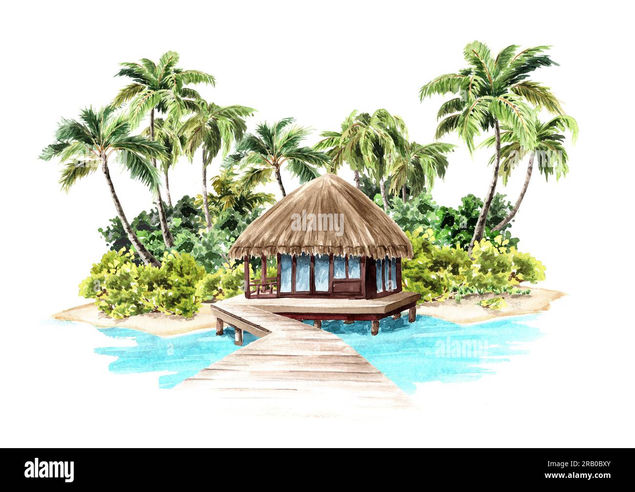 Tropical hut on the water. Summer vacation concept., Hand drawn ...