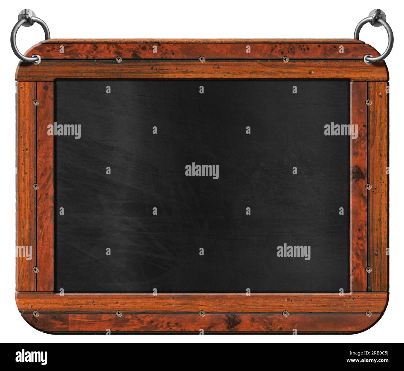 Old blank blackboard with wooden rectangular frame and steel rings for ...
