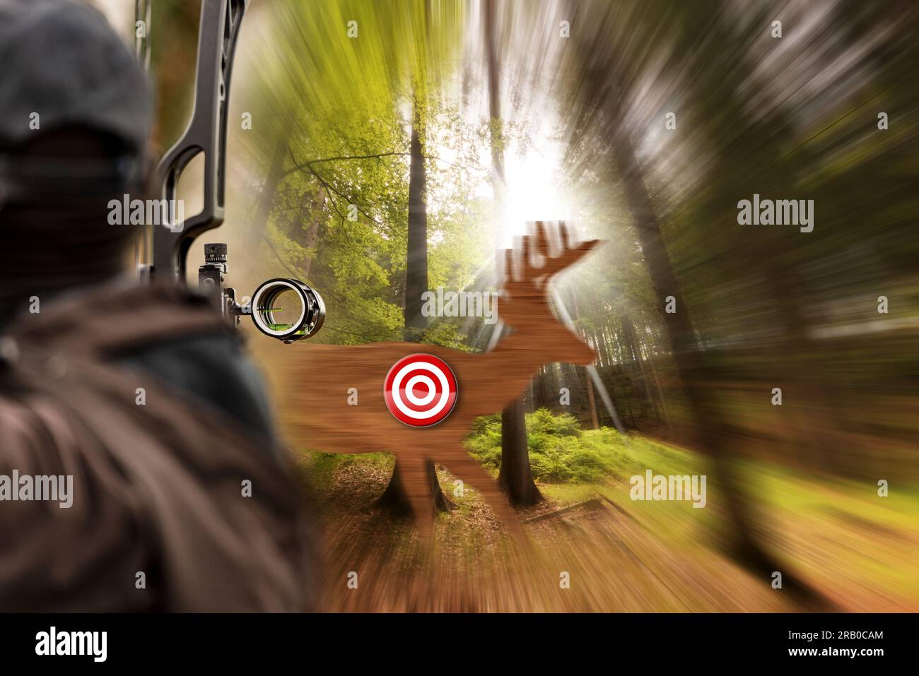 An archer, with his compound bow (hunting bow) aims at a silhouette of ...