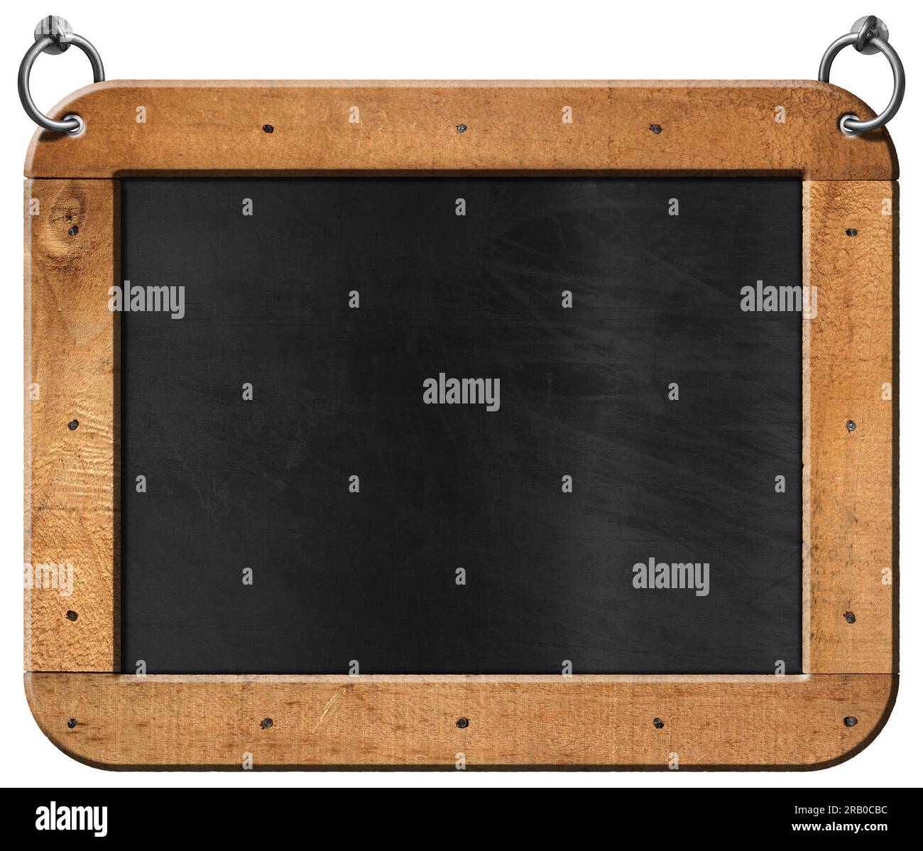 Old blank blackboard with wooden rectangular frame and steel rings for ...