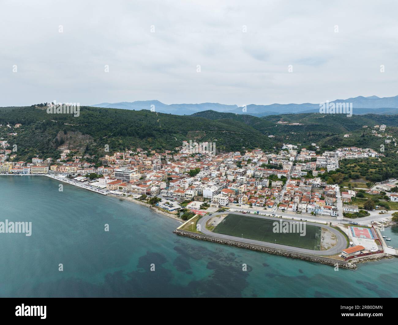 Aerial view of the town of Gythio on the east coast of the Mani ...