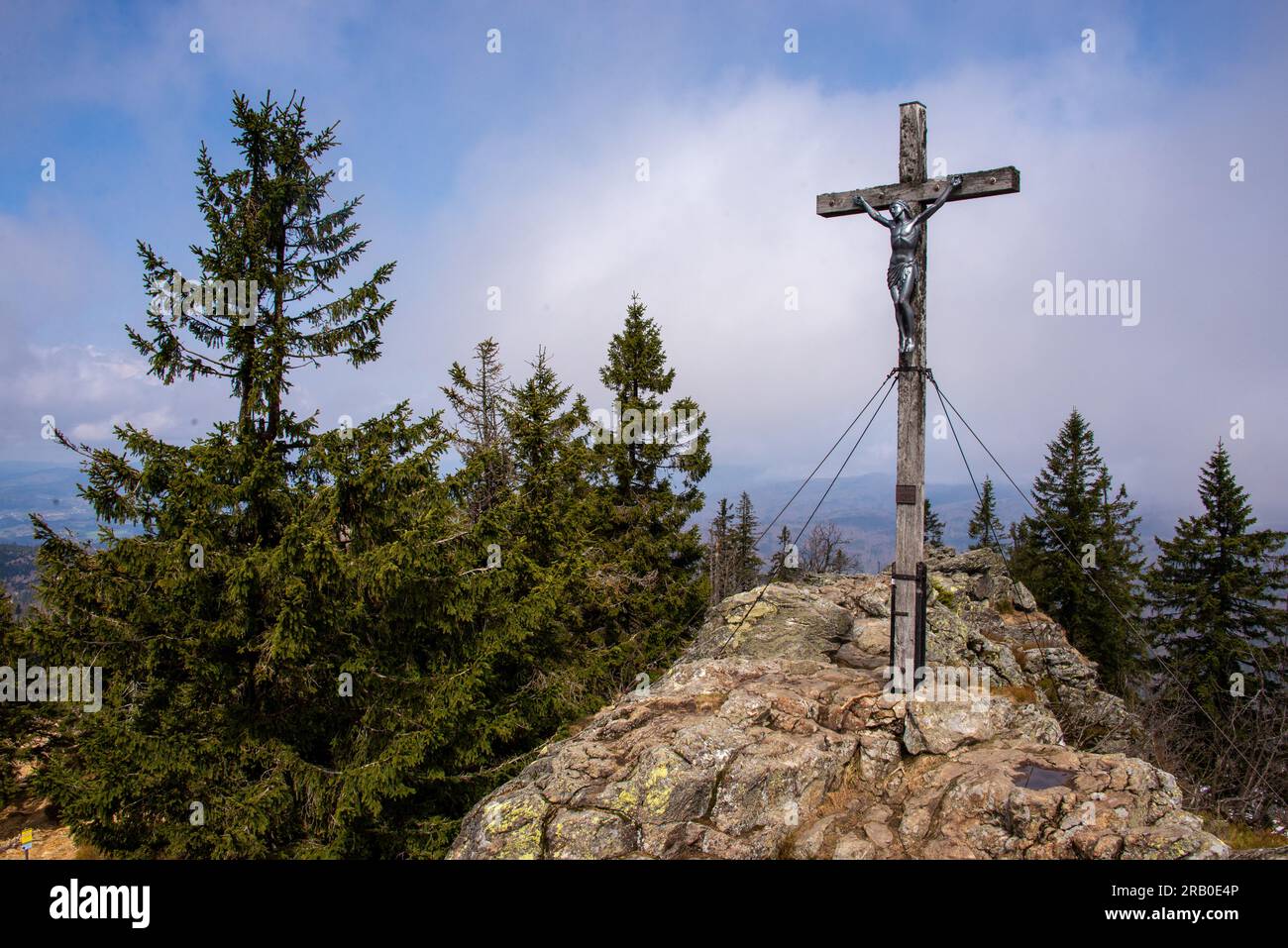 The summit cross at Greater Mount Rachel, at 1452 metres above sea ...