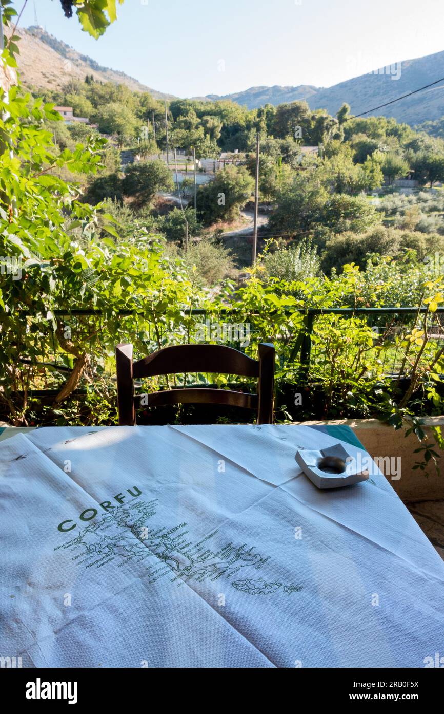 August 22nd 2020 - Corfu, Greece - The table of a tavern in Perithia ...
