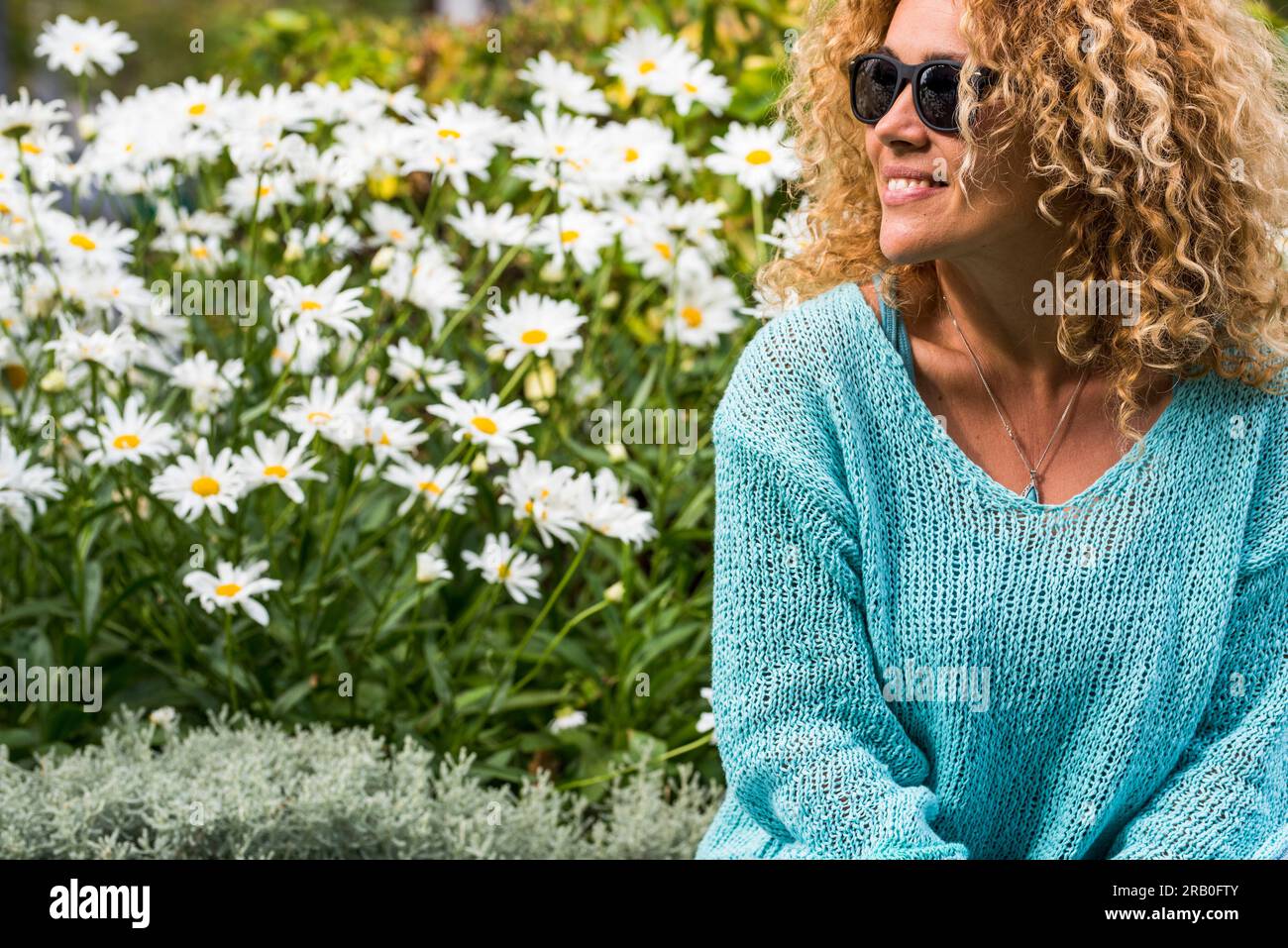 Happy beauty woman portrait with copy space text and natural daisy ...