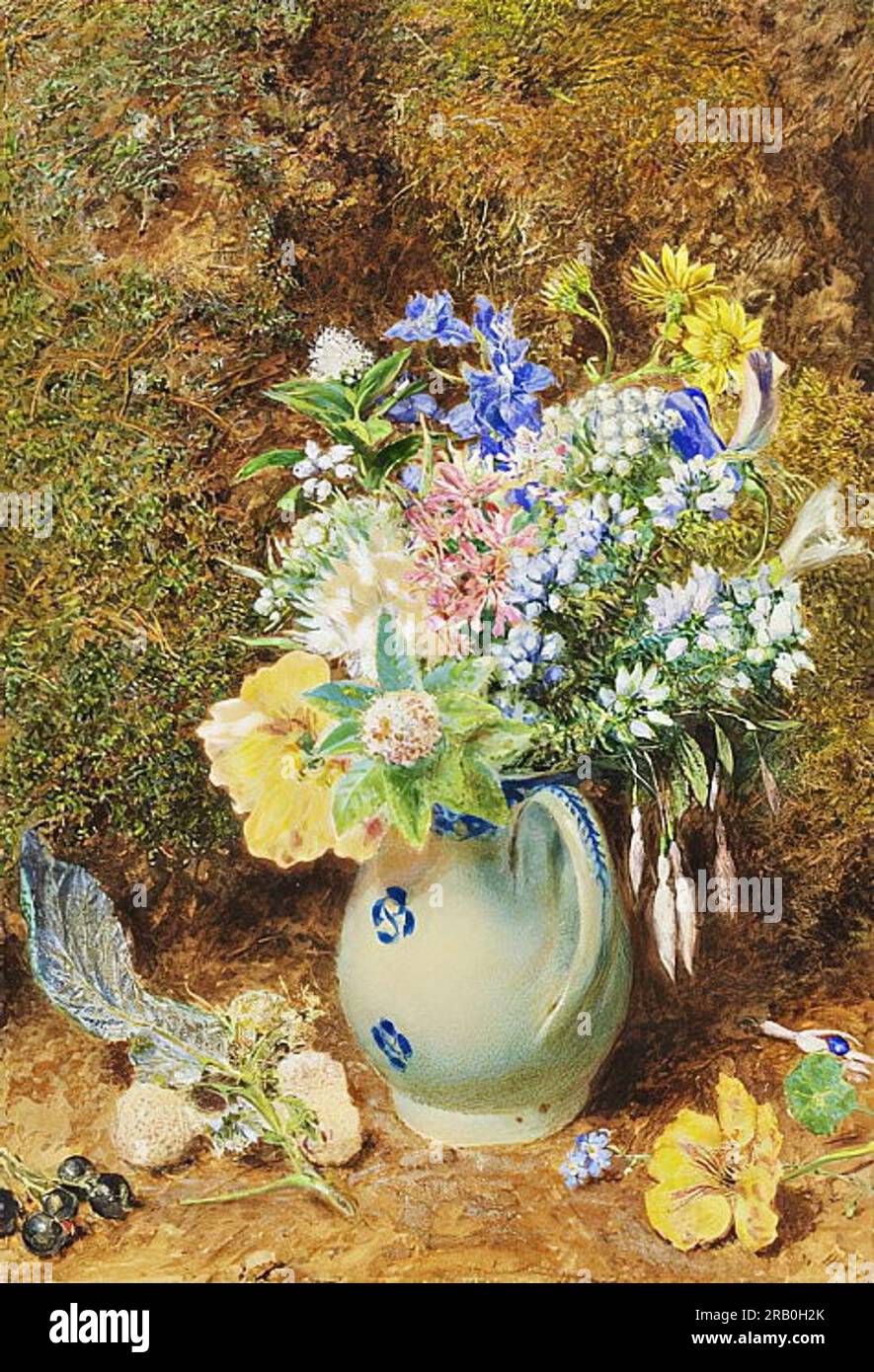 Pale blue china jug with heaths and small flowers 1860 by William Henry ...