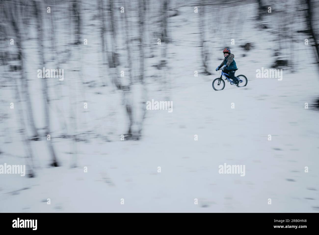 Boy riding farm bike in snowy forest Stock Photo - Alamy