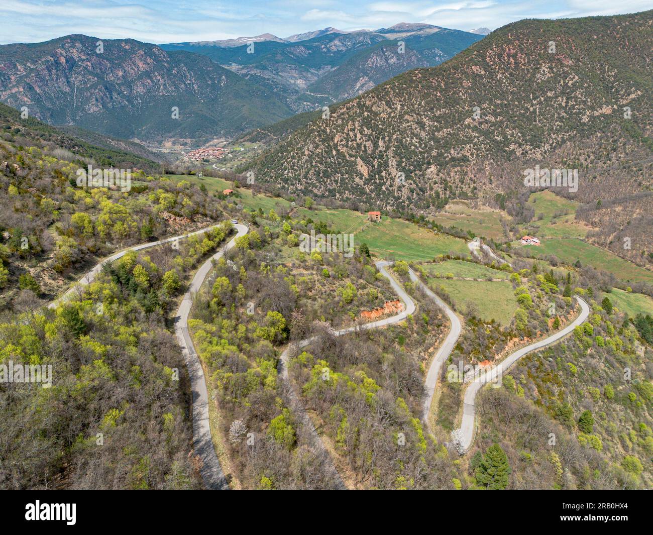 Aerial view of curves on a road en route to the Sierra del Cadi in ...