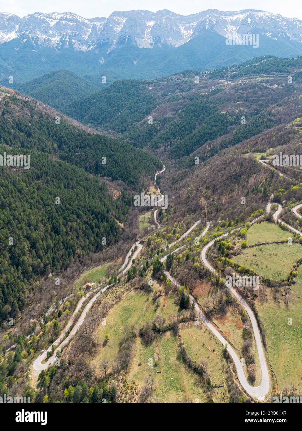 Aerial view of curves on a road en route to the Sierra del Cadi in ...