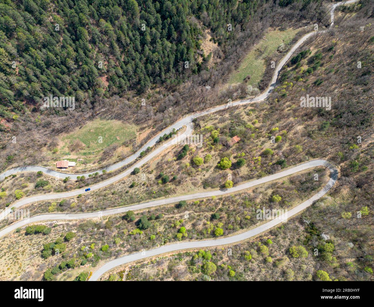 Aerial view of curves on a road en route to the Sierra del Cadi in ...