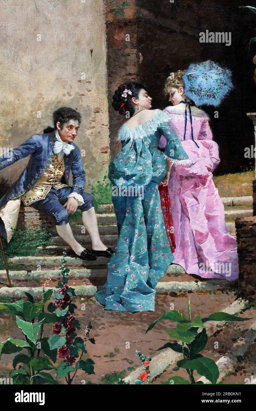 Two ladies and a gentleman strolling through a classical architectural ...