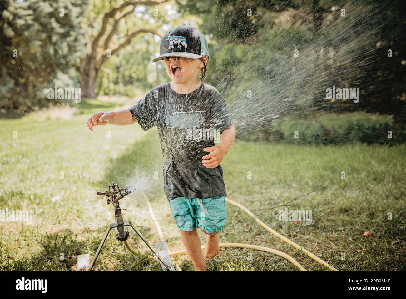 Boy gets splashed wet by lawn sprinkler Stock Photo - Alamy