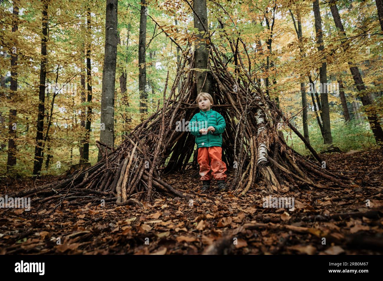 Boy building a hut in the forest hi-res stock photography and images ...