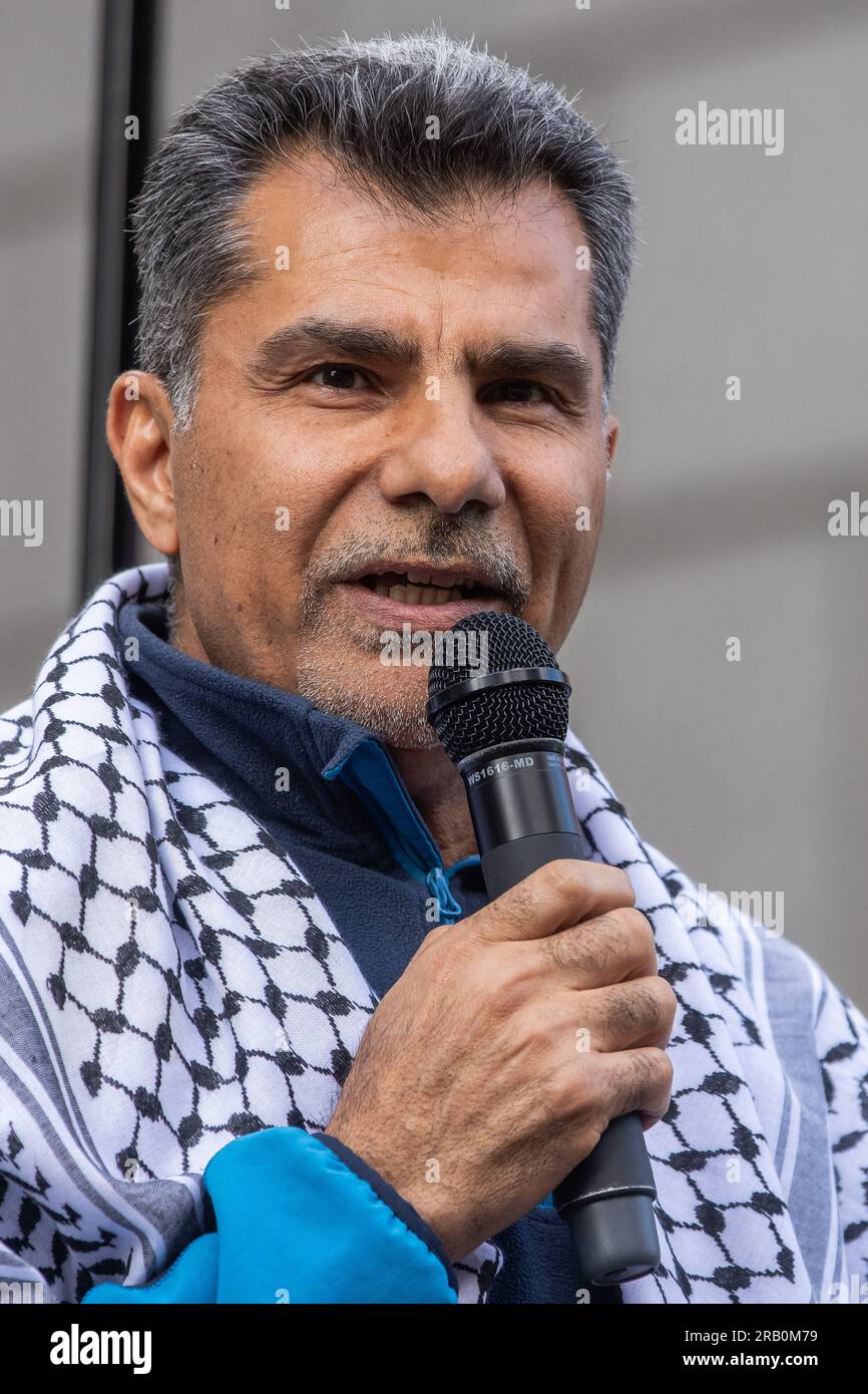 London, UK. 5th July, 2023. A representative of the Palestinian Forum ...