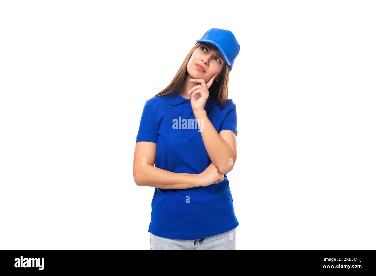 adorable european young brunette woman promoter in blue t-shirt and cap ...