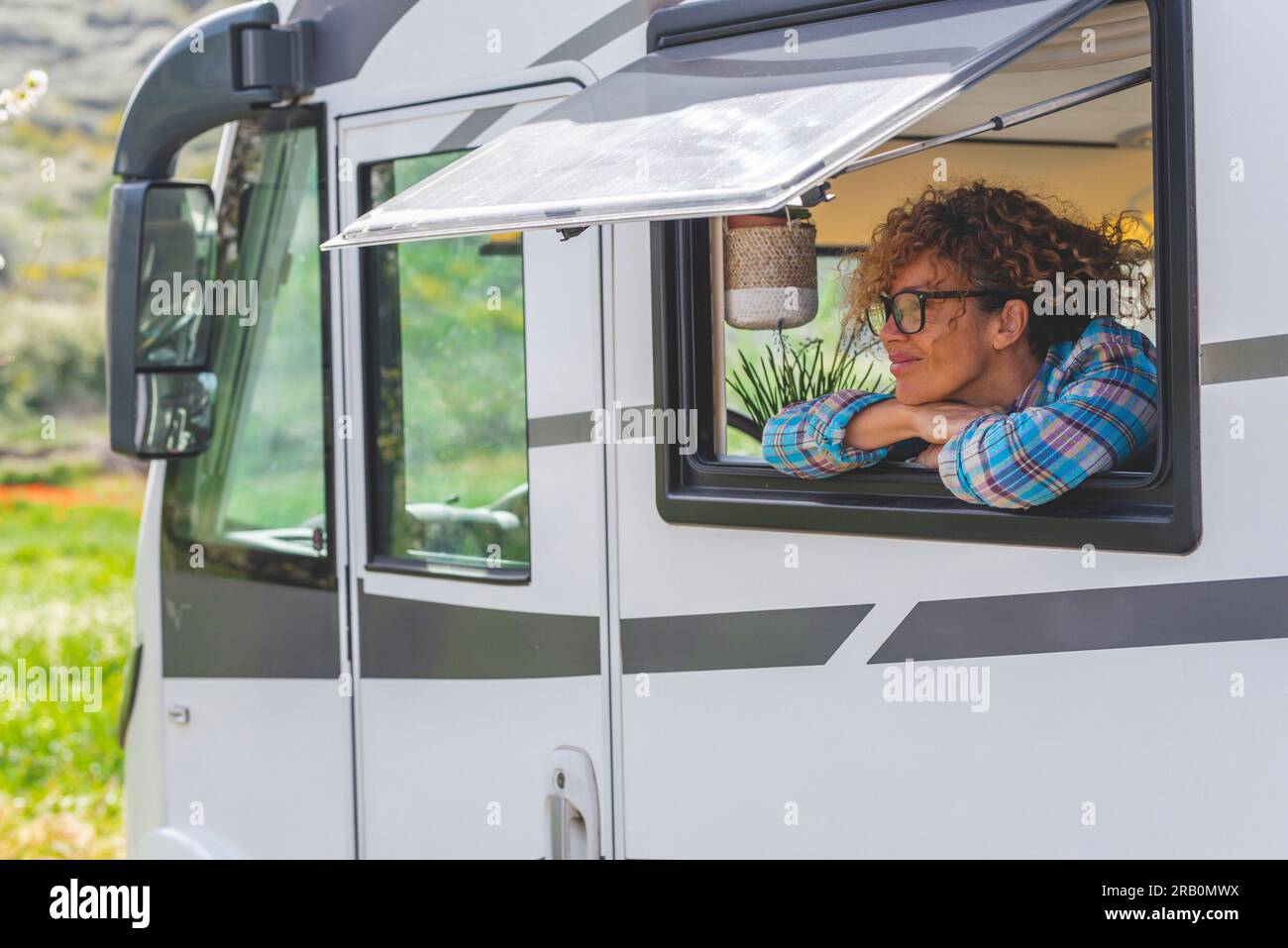 Serene tourist adult woman enjoy peaceful destination travel looking ...