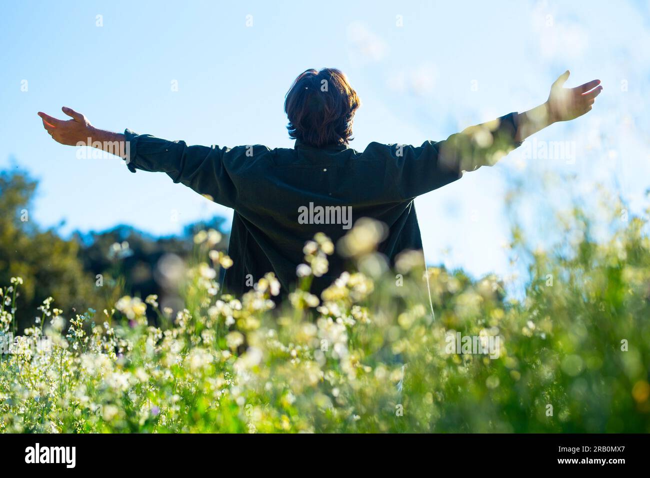 Back view of man outstretching arms in a green field. Travel ...
