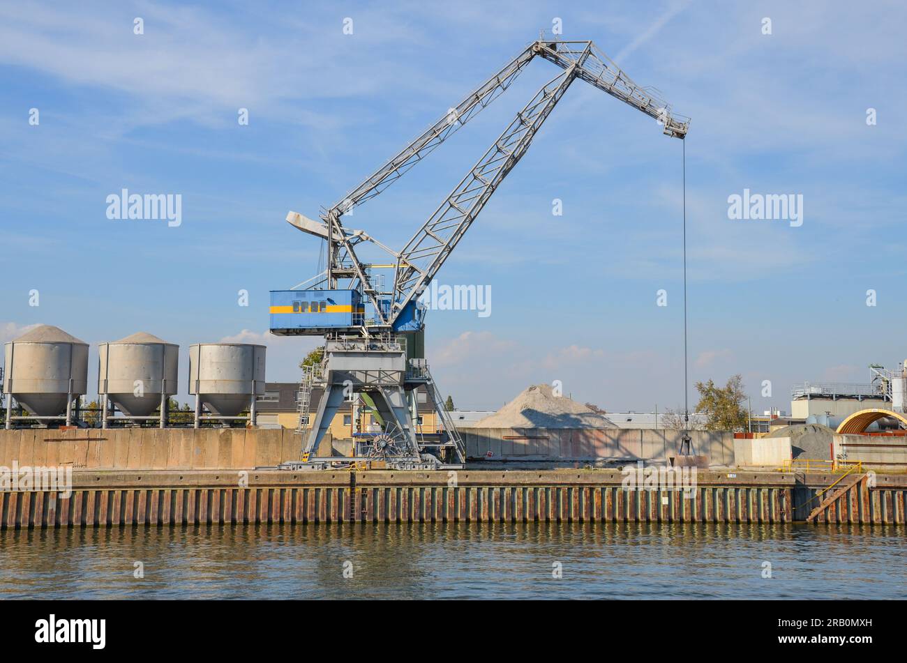 Container ship dock on the Main in Frankfurt with gray crane on the ...