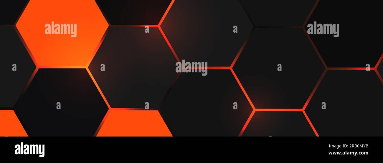 Dark hexagonal gaming abstract vector background with orange bright ...