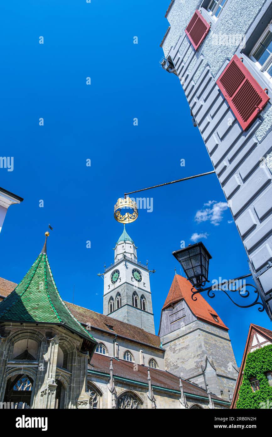 Old town of Überlingen on Lake Constance, church tower of St. Nicholas ...