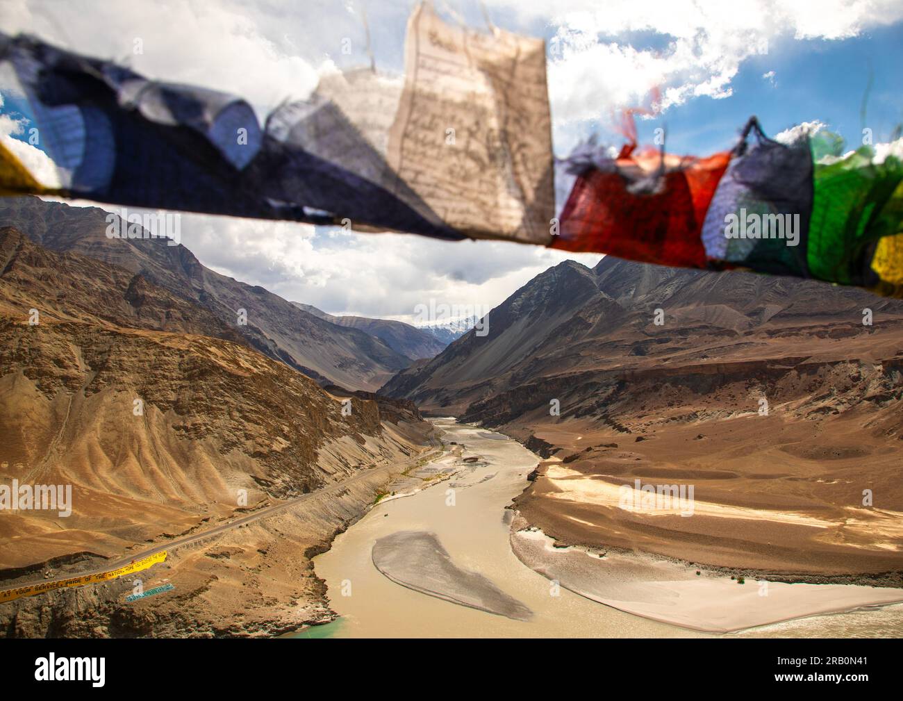 Aerial view of the confluence of the Indus and Zanskar rivers, Ladakh ...
