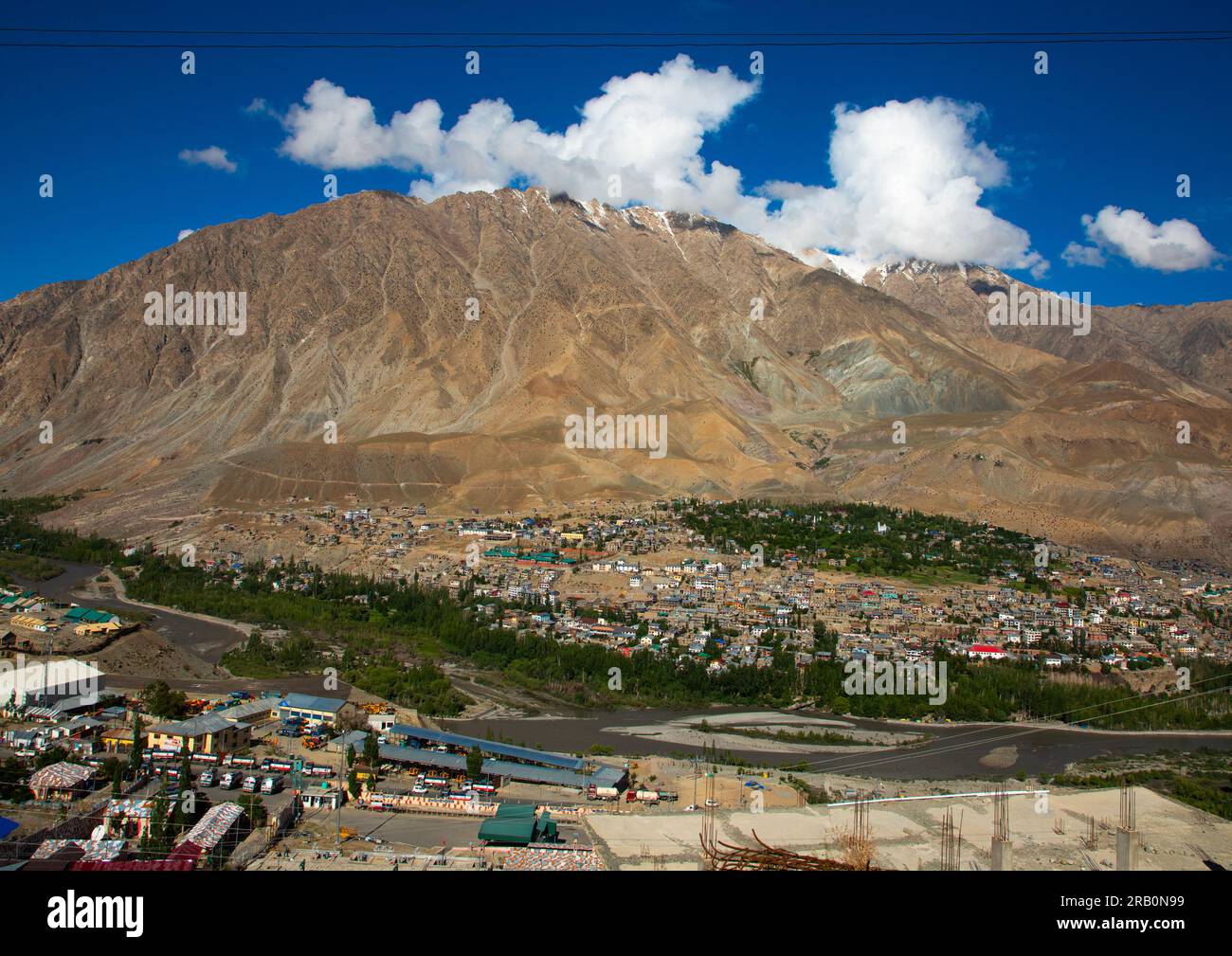 View of the town at the foot of the mountain, Ladakh, Kargil, India ...
