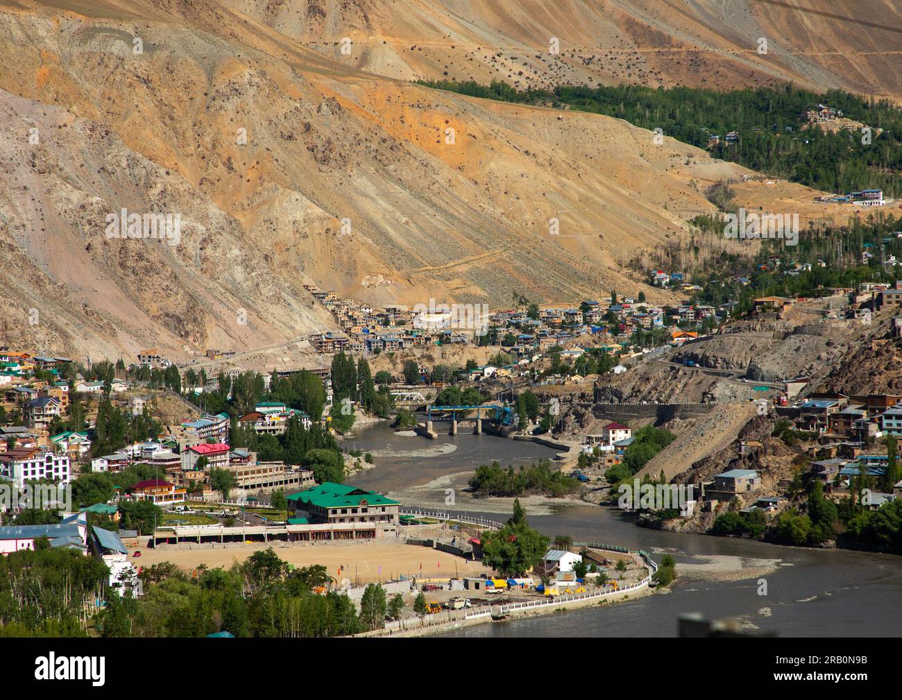 View of the town at the foot of the mountain, Ladakh, Kargil, India ...