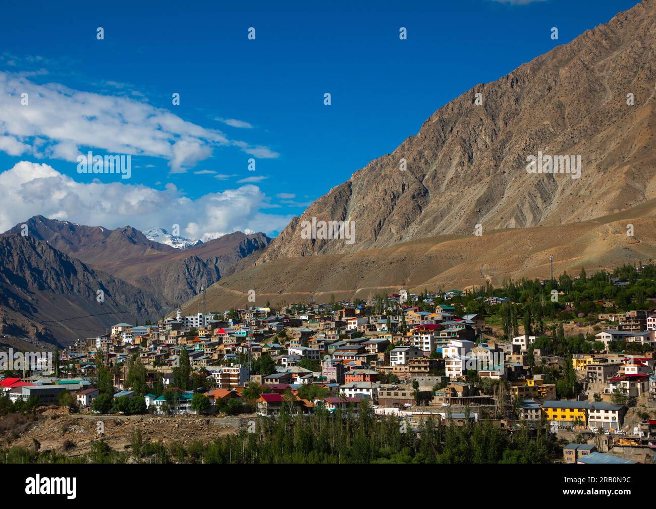 View of the town at the foot of the mountain, Ladakh, Kargil, India ...