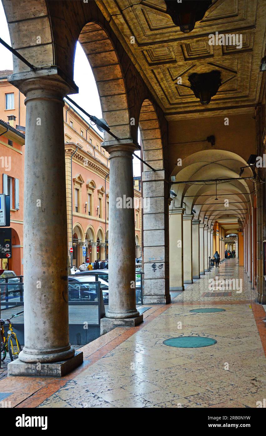 Pedestrian gallery on Via Grappa in Bologna, Italy. November 12, 2023 ...