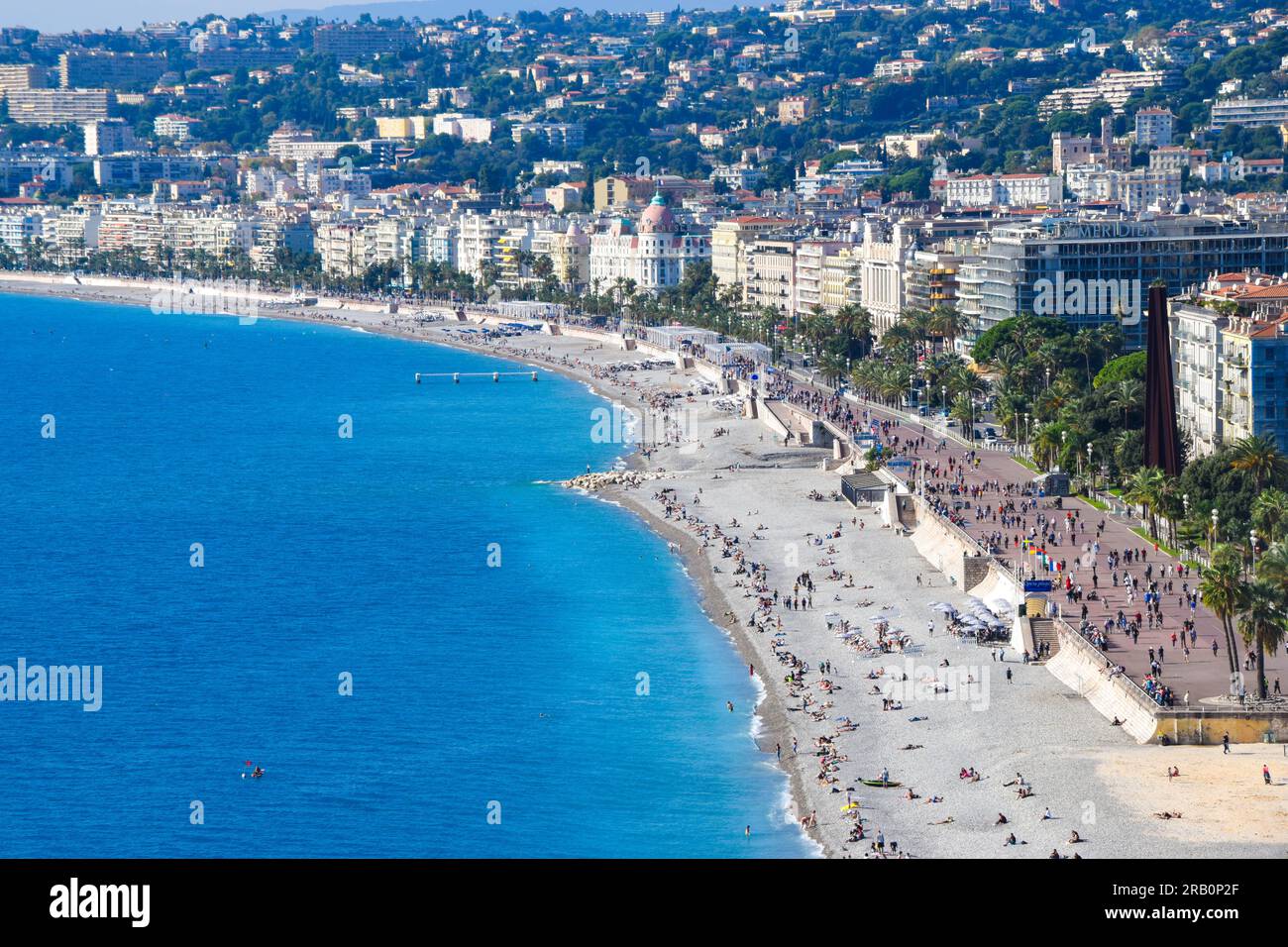 Aerial panoramic view of the beaches and promenade in Nice, South of ...