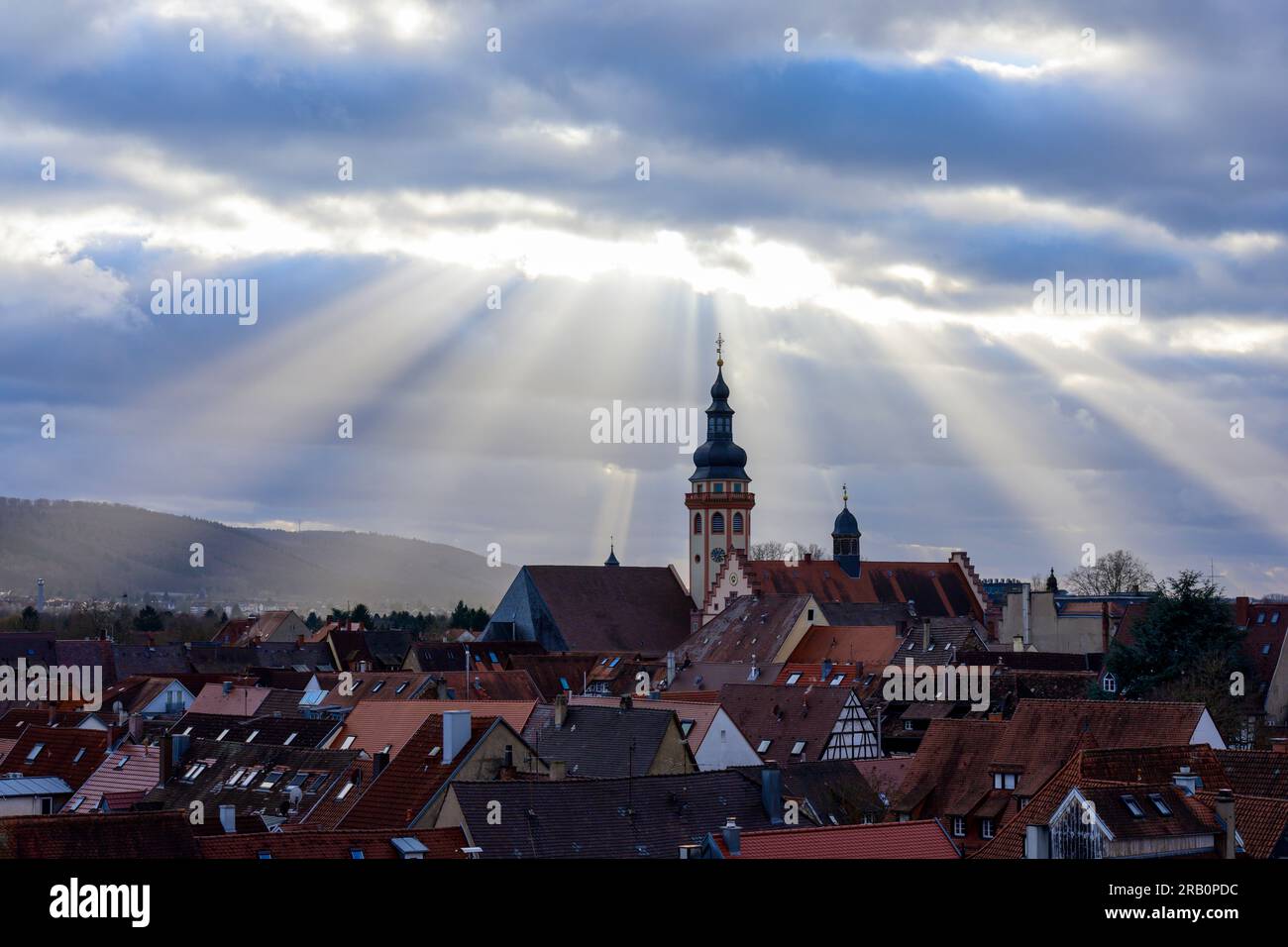 Germany, Baden-Württemberg, Karlsruhe, sun rays over Durlach district Stock Photo - Alamy