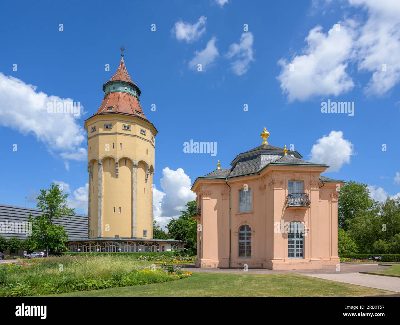 Germany, Baden-Wuerttemberg, Rastatt, Pagoda Castle and water tower ...