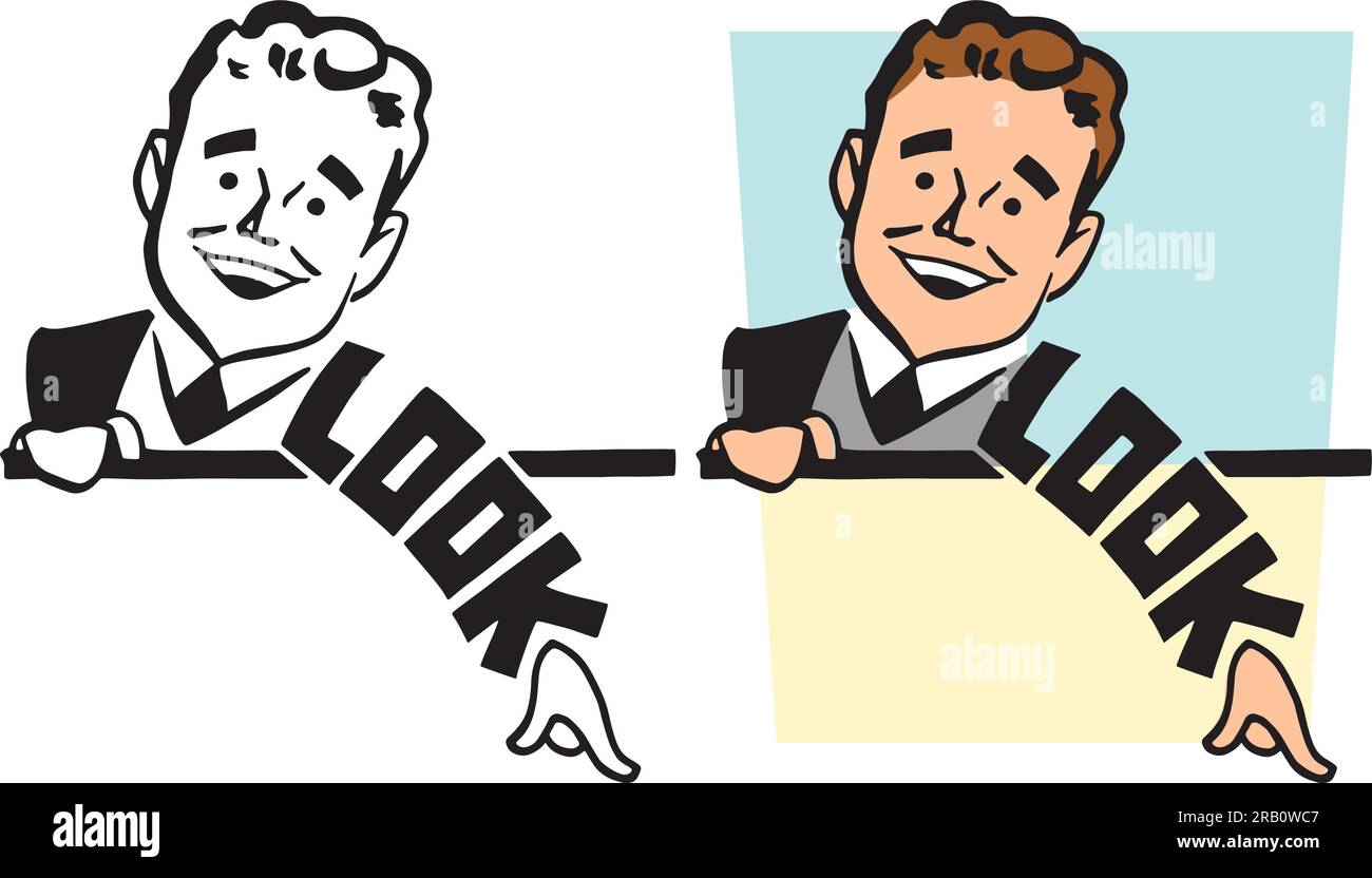 A vintage retro cartoon of a man pointing down at something interesting ...