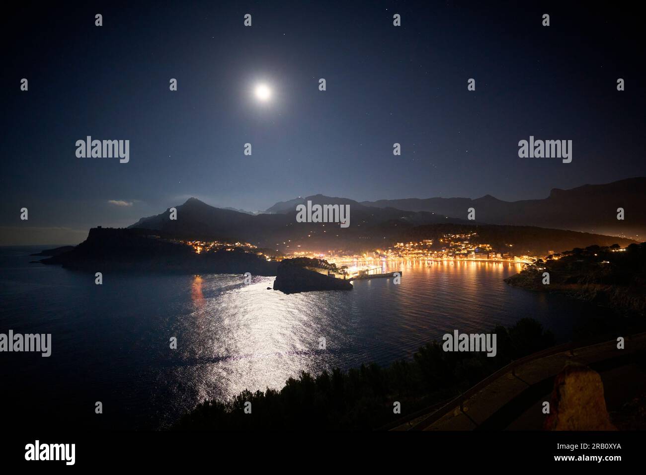 Spain, Majorca, Port de Soller late evening with full moon Stock Photo ...