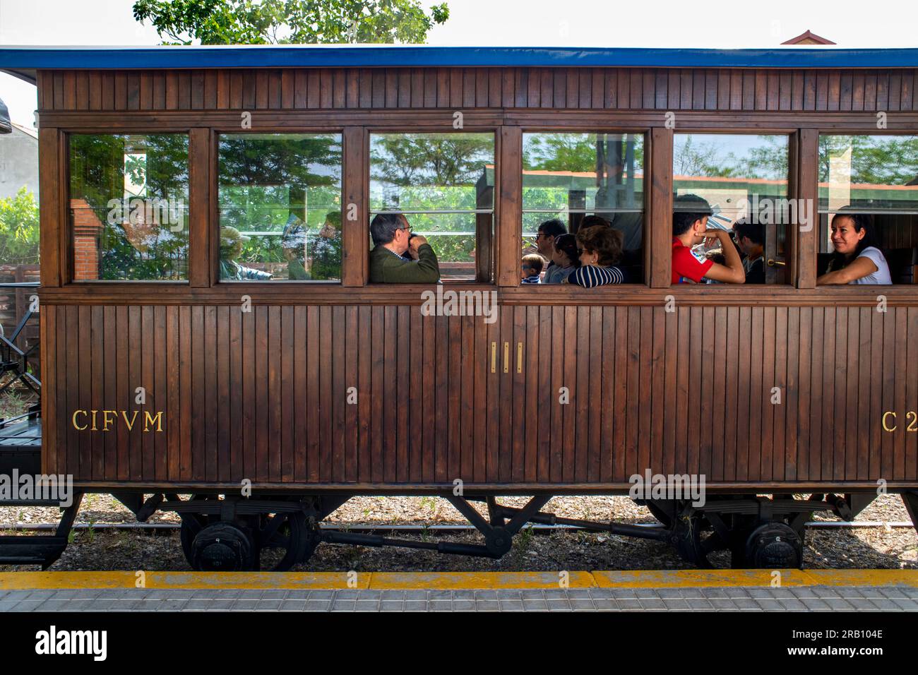 Passengers inside El Tren de Arganda train or Tren de la Poveda train ...