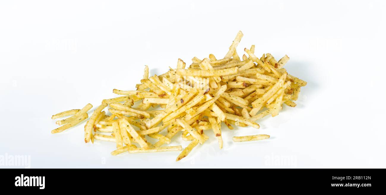 Fast food.Bunch of french fries with dill on white background Stock ...