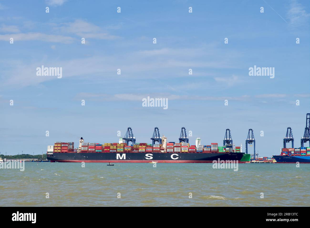 Container ship MSC Venice leaving the Port of Felixstowe, Suffolk, UK ...