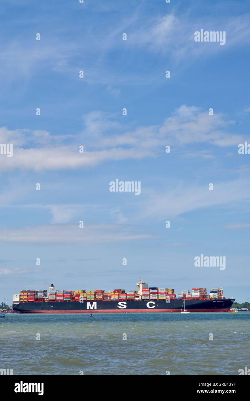 Container ship MSC Venice leaving the Port of Felixstowe, Suffolk, UK ...