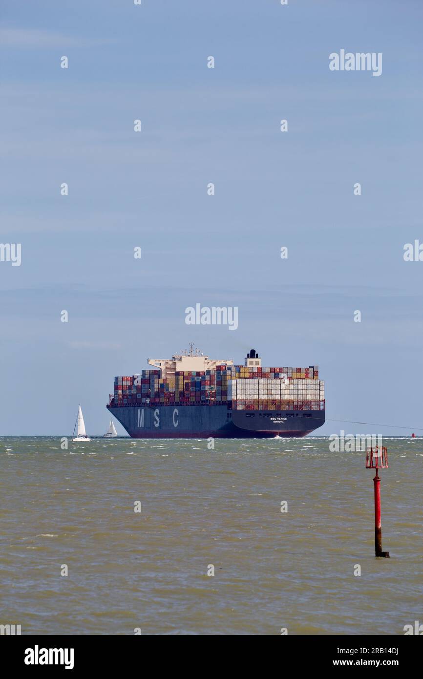 Container ship MSC Venice leaving the Port of Felixstowe, Suffolk, UK ...