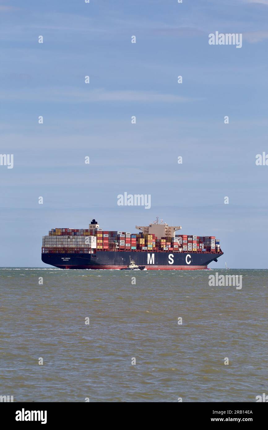 Container ship MSC Venice leaving the Port of Felixstowe, Suffolk, UK ...