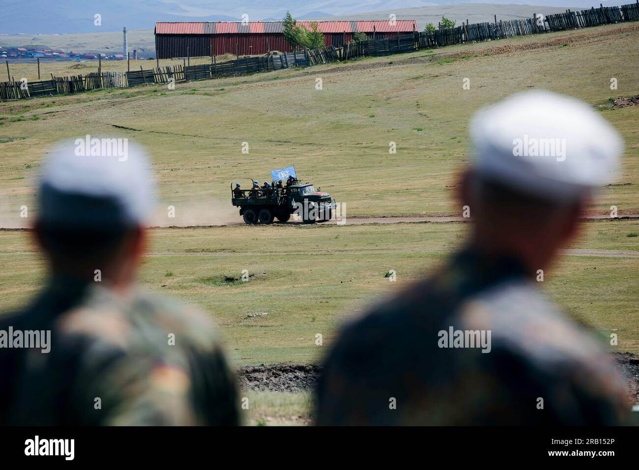 Nalaykh, Mongolei. 30th June, 2023. A Mongolian army truck transports ...