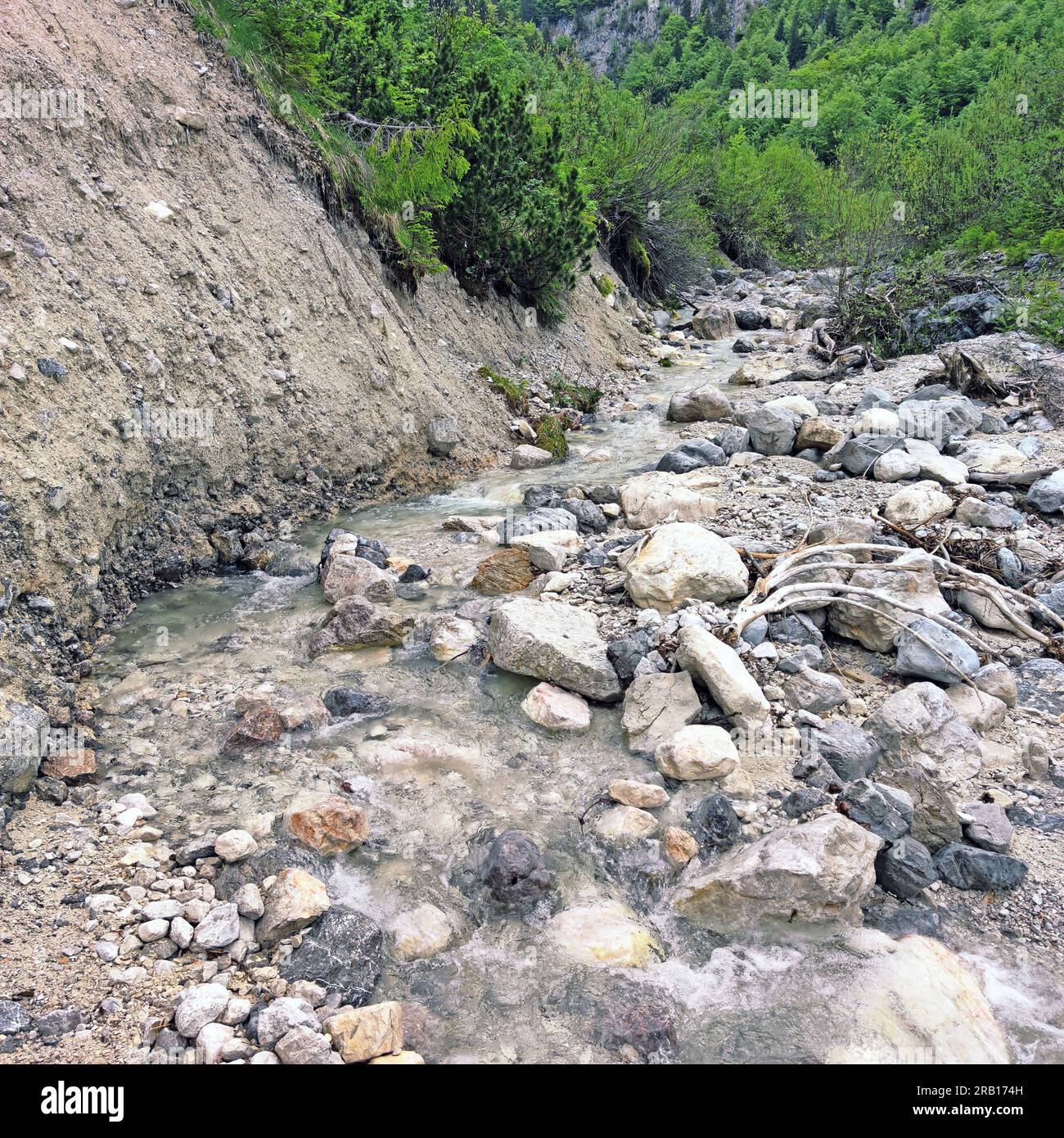 Streambed devastated by floods in Berglein Valley, Wetterstein ...