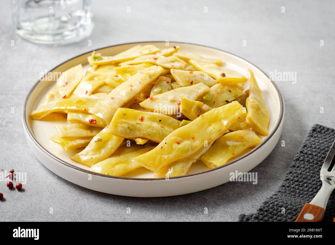 Cooked Yellow Beans, Long Beans in a Plate over Concrete Background ...