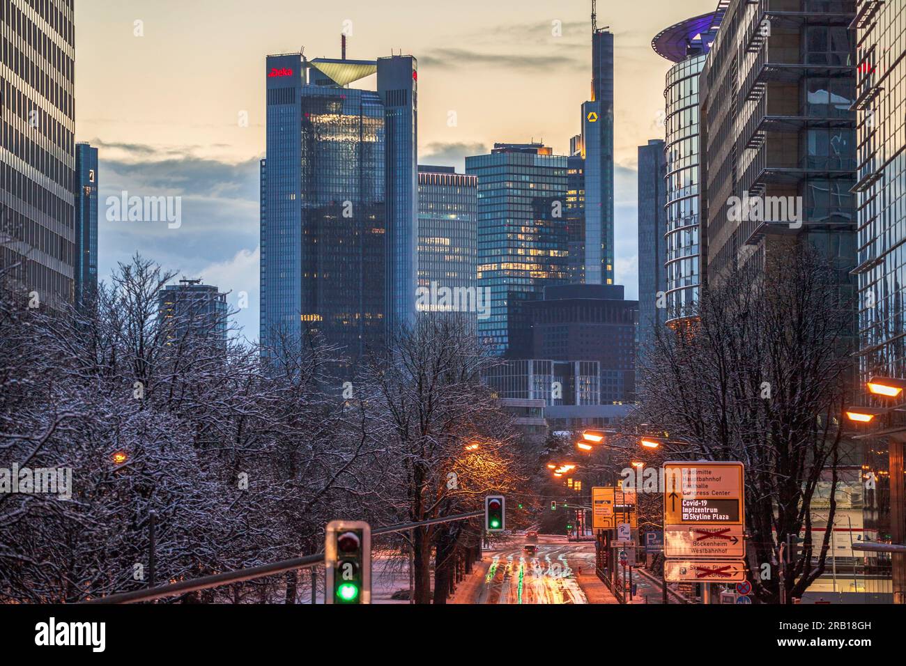 Frankfurt am Main in snow, a rare sight, the skyline and downtown with ...