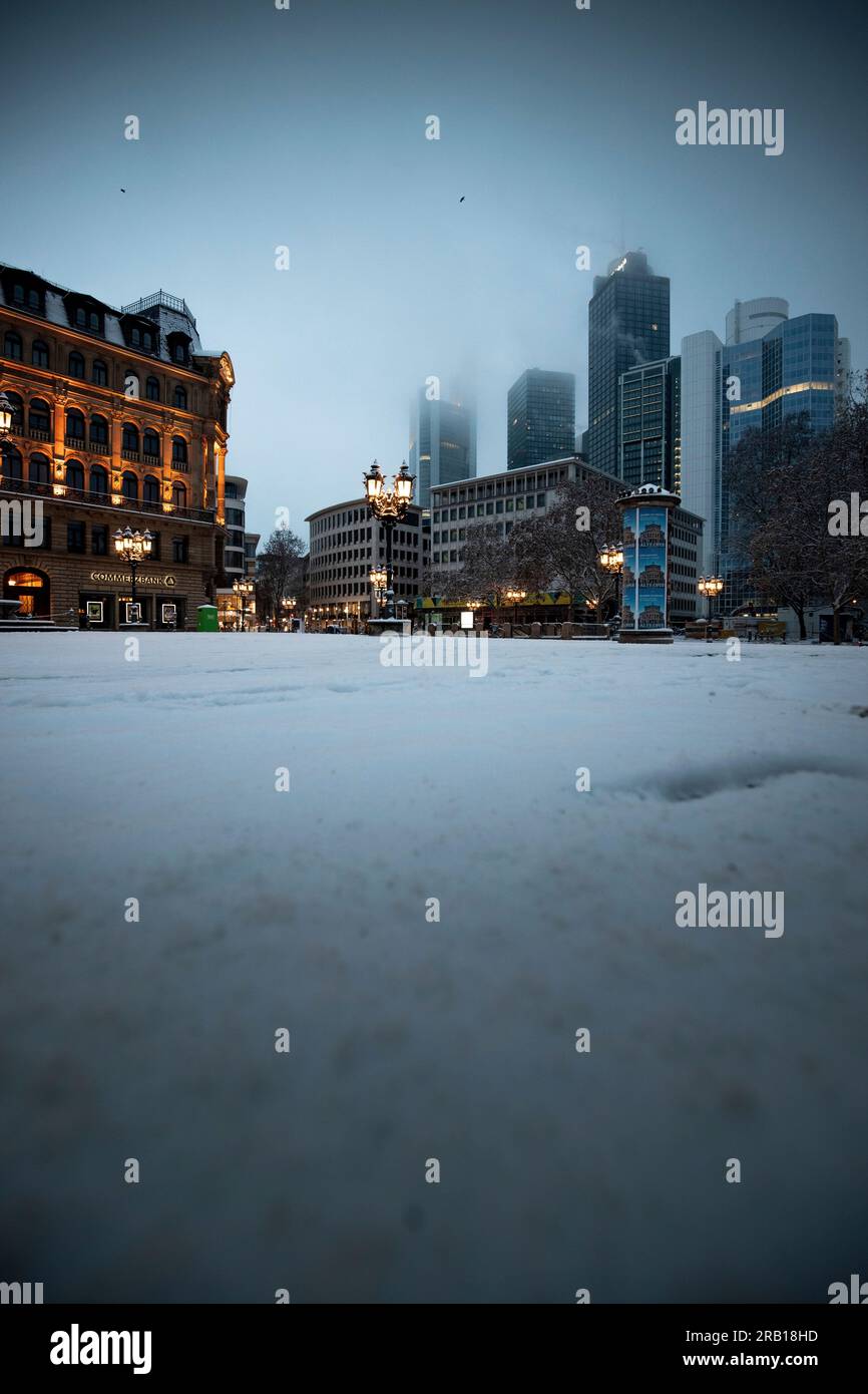 Frankfurt am Main in snow, a rare sight, the skyline and downtown with ...
