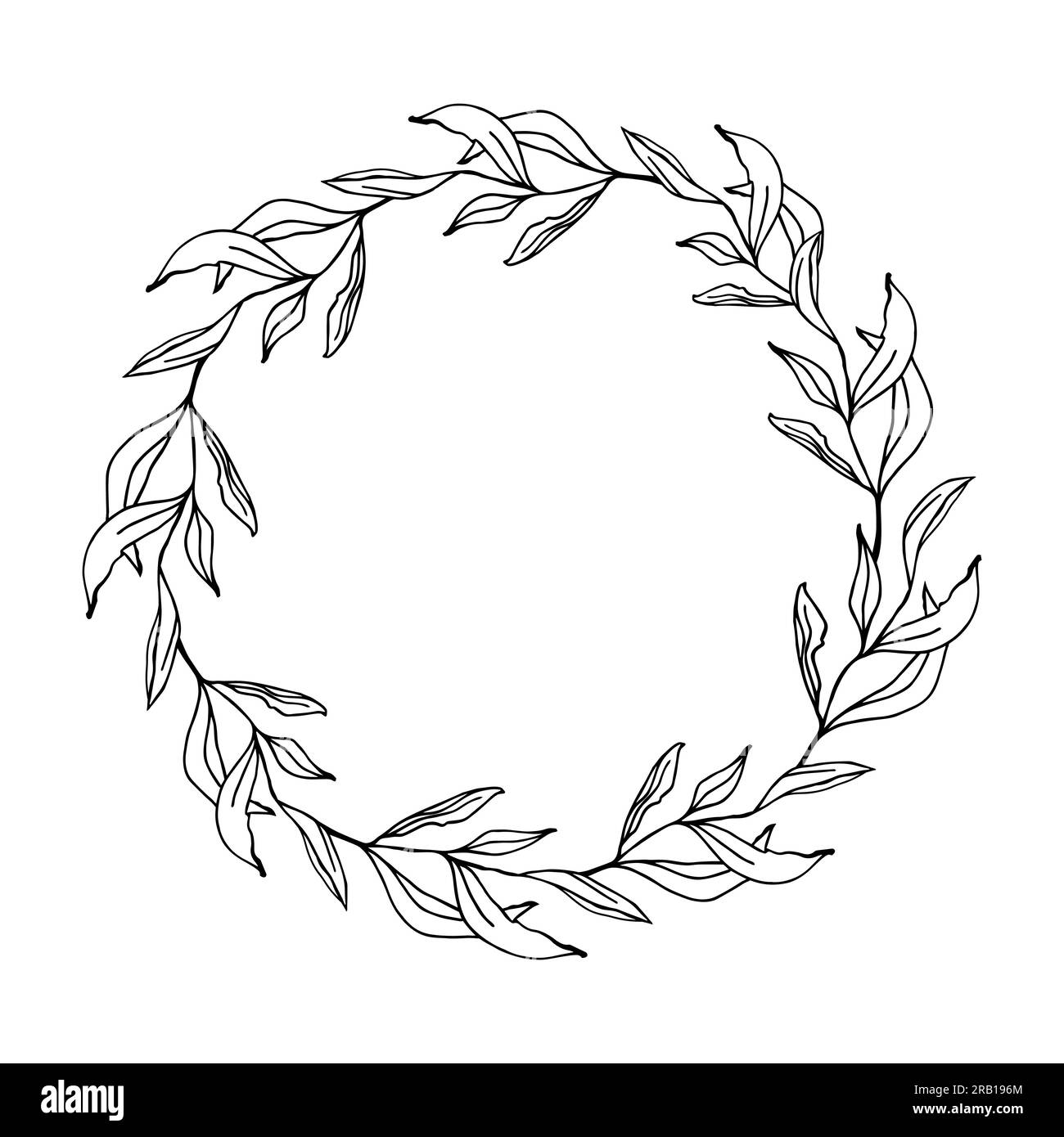 Circle floral eucalyptus wreath. Black and white line art frame for invite or card. Vector round ...