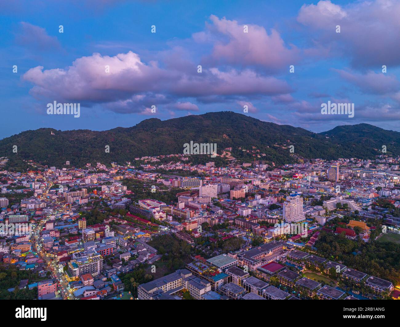 Aerial view of a building in Patong city at twilight. scene romantic ...