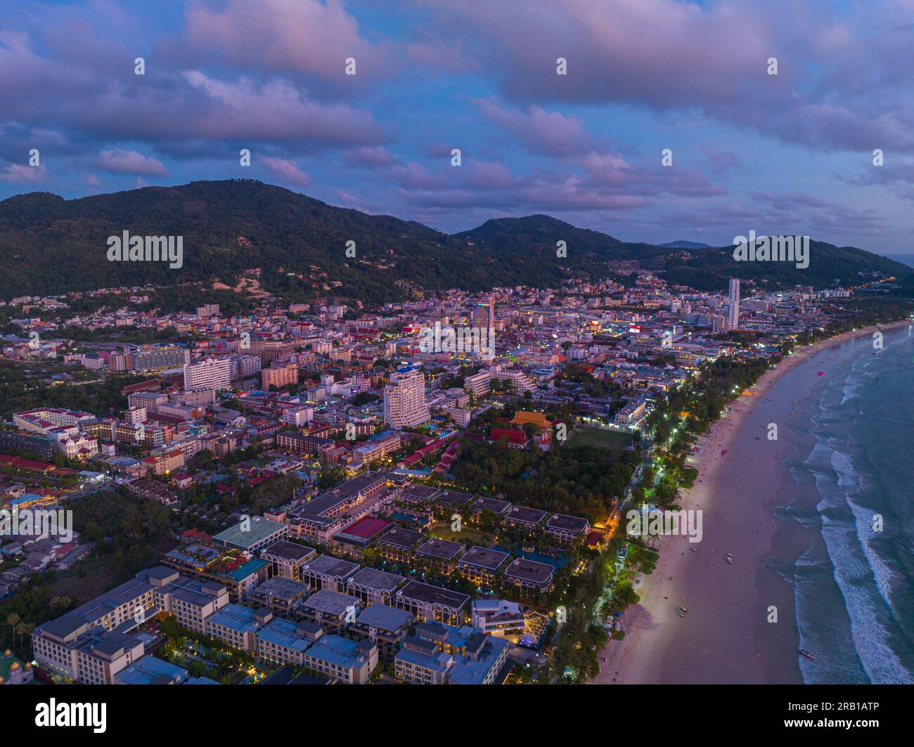 Aerial view of a building in Patong city at twilight. scene romantic ...