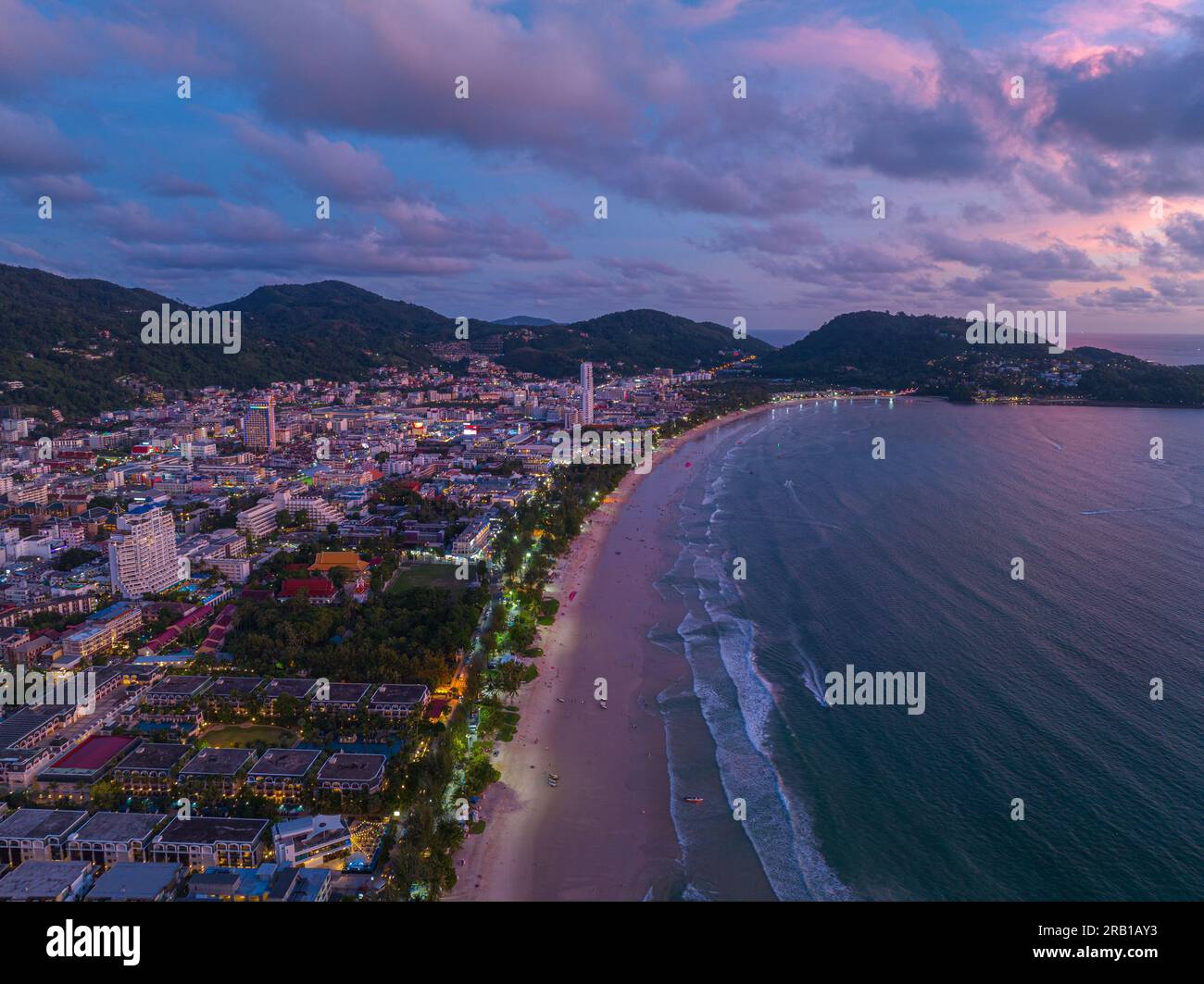Aerial view of a building in Patong city at twilight. scene romantic ...