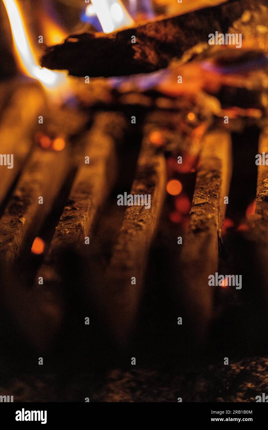 Close-up of a burning fire in an open fireplace Stock Photo - Alamy