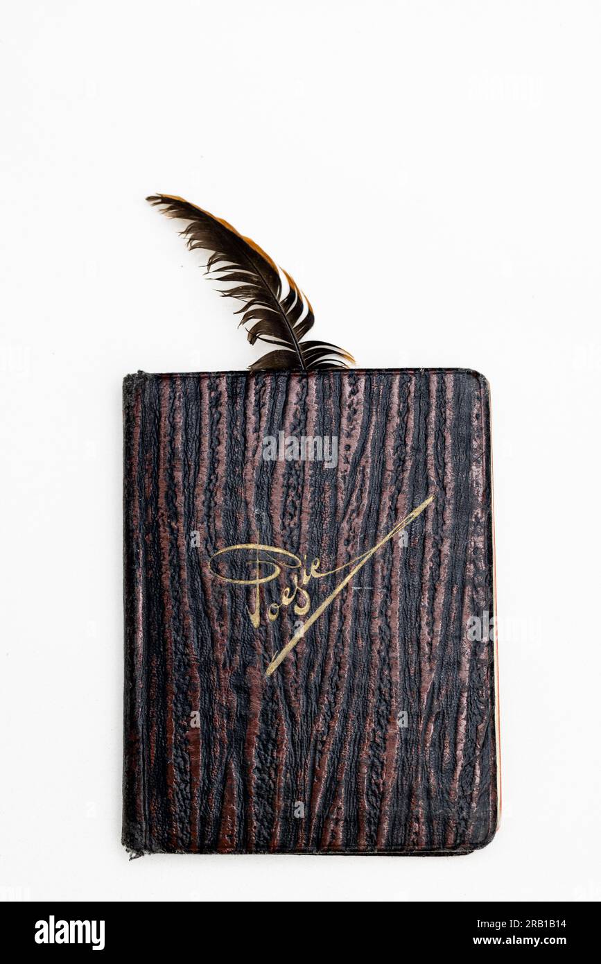 Folded vintage poetry album with a feather as a bookmark Stock Photo ...